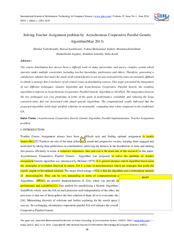 Pdf Solving Teacher Assignment Problem By Asynchronous Cooperative Parallel Genetic Algorithm