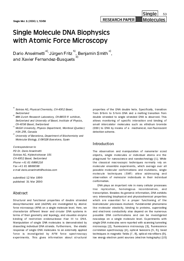 (PDF) Single Molecule DNA Biophysics with Atomic Force Microscopy