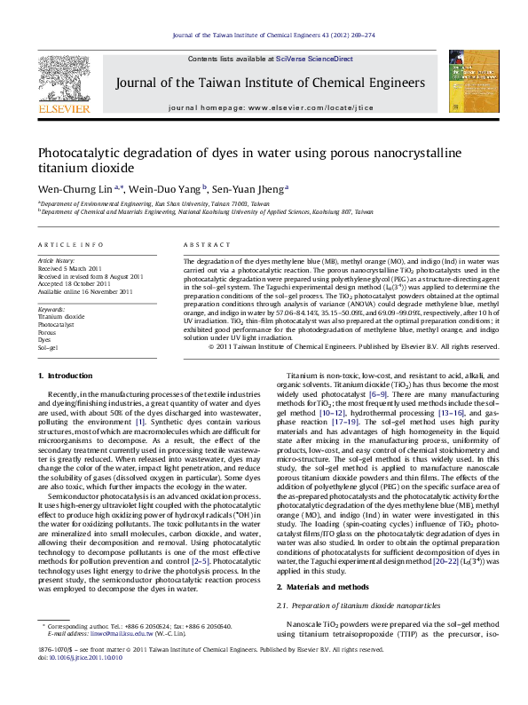 (PDF) Photocatalytic degradation of dyes in water using porous ...
