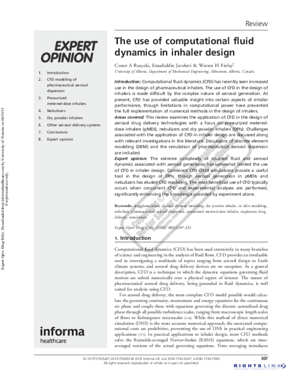 Pdf The Use Of Computational Fluid Dynamics In Inhaler Design