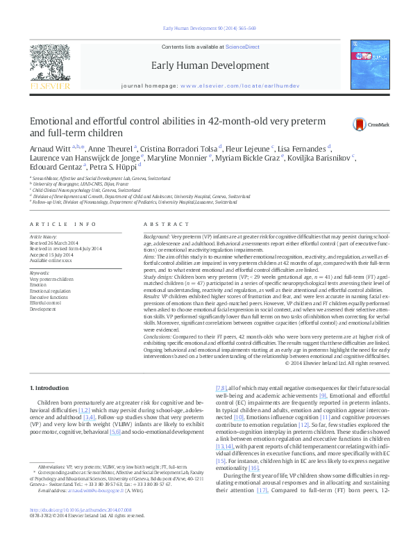 (PDF) Emotional and effortful control abilities in 42-month-old very ...