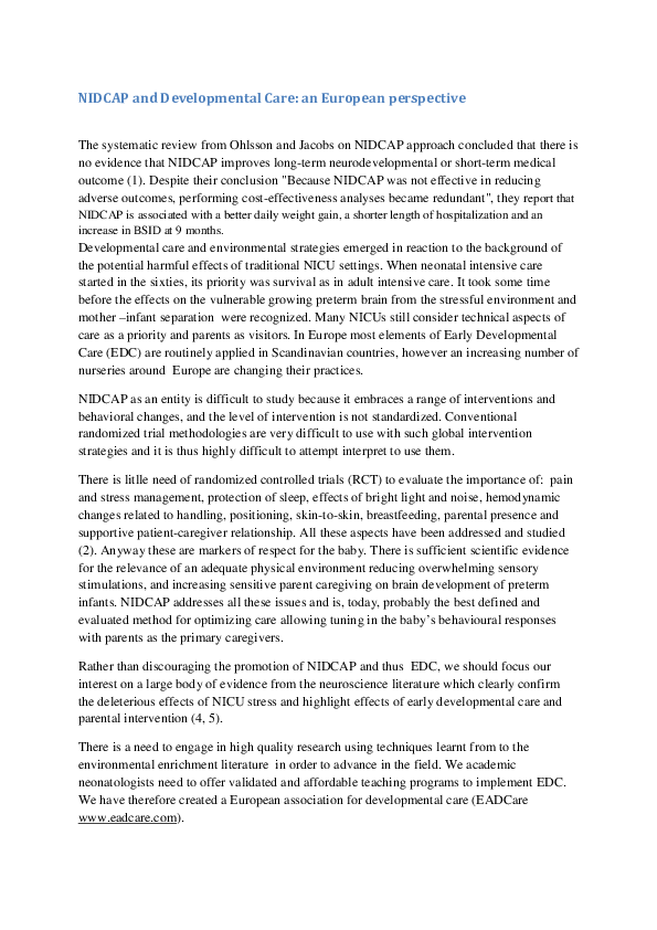 (PDF) NIDCAP and Developmental Care: A European Perspective