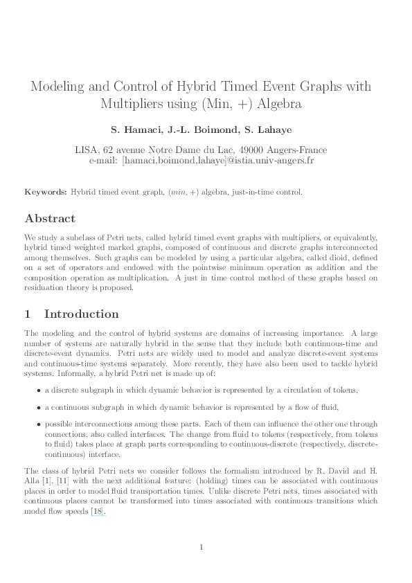 (PDF) Modeling and Control of Hybrid Timed Event Graphs with Multipliers Using (Min, +) Algebra
