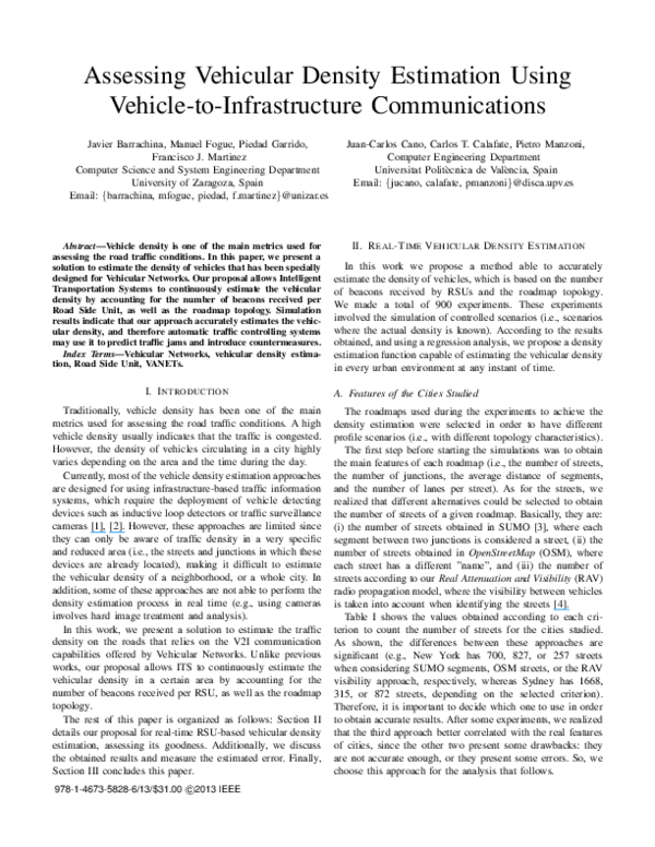 (PDF) Assessing vehicular density estimation using vehicle-to-infrastructure communications