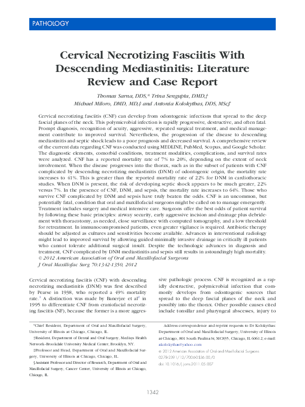 (PDF) Cervical Necrotizing Fasciitis With Descending Mediastinitis: Literature Review and Case ...