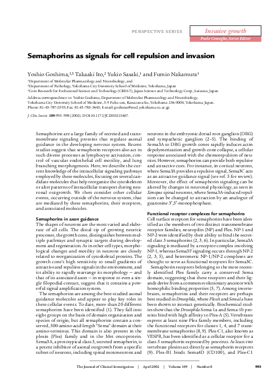 (PDF) Semaphorins as signals for cell repulsion and invasion | Yukio ...