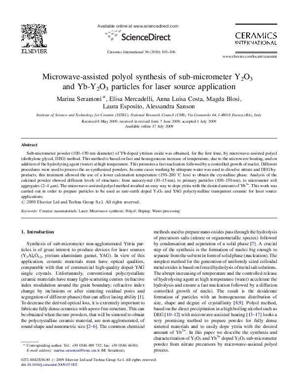 (PDF) Microwave-assisted polyol synthesis of sub-micrometer Y2O3 and Yb-Y2O3 particles for laser ...