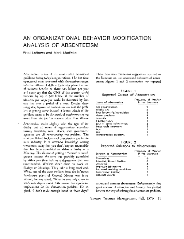 (PDF) An organizational behavior modification analysis of absenteeism
