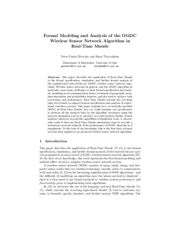 (PDF) Formal Modeling and Analysis of the OGDC Wireless Sensor Network Algorithm in Real-Time Maude