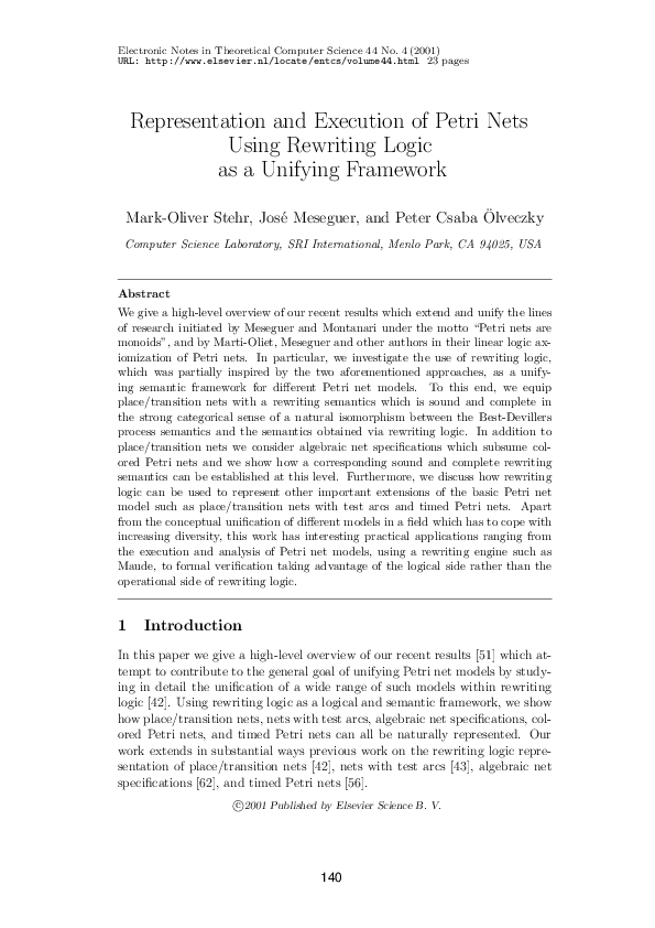 (PDF) Representation and Execution of Petri Nets Using Rewriting Logic as a Unifying Framework