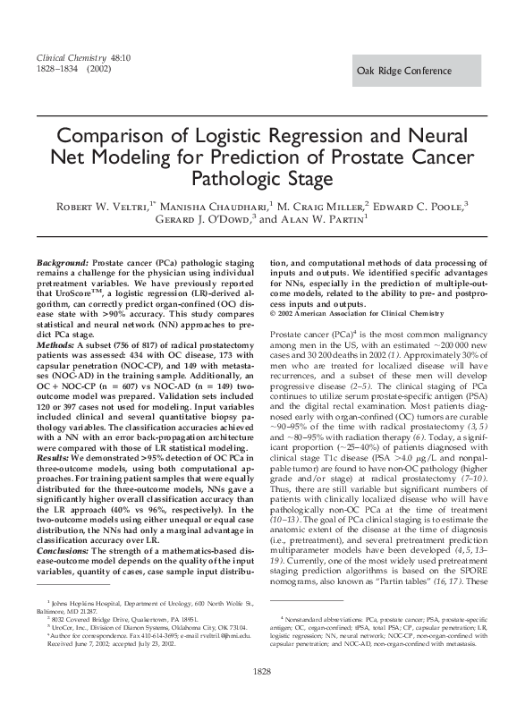 Pdf Comparison Of Logistic Regression And Neural Net Modeling For Prediction Of Prostate