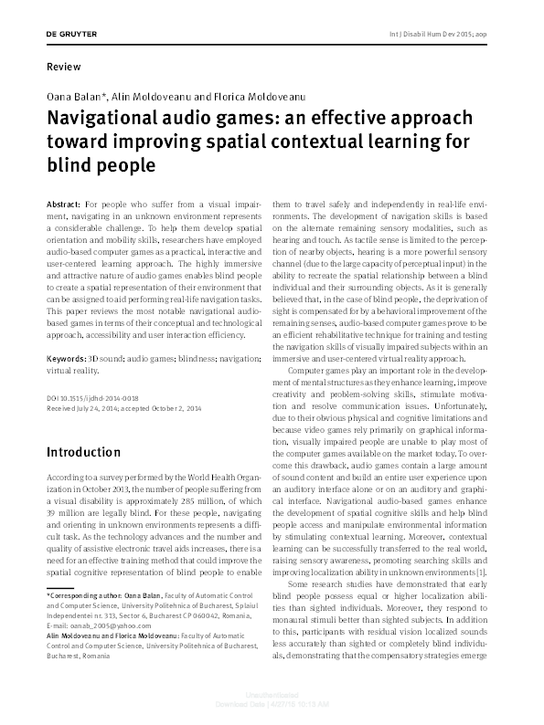 Navigational audio games: an effective approach toward improving spatial contextual learning for ...