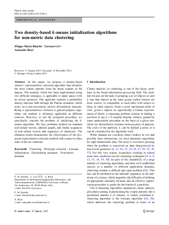 Pdf Two Density Based K Means Initialization Algorithms For Non