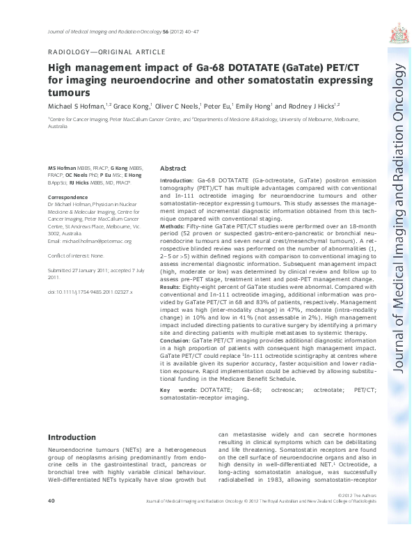 (PDF) High management impact of Ga-68 DOTATATE (GaTate) PET/CT for ...