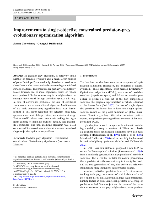 Pdf Improvements To Single Objective Constrained Predator Prey Evolutionary Optimization