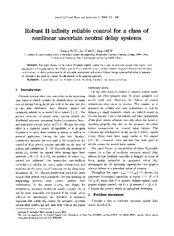 Pdf Robust H Infinity Reliable Control For A Class Of Nonlinear Uncertain Neutral Delay Systems