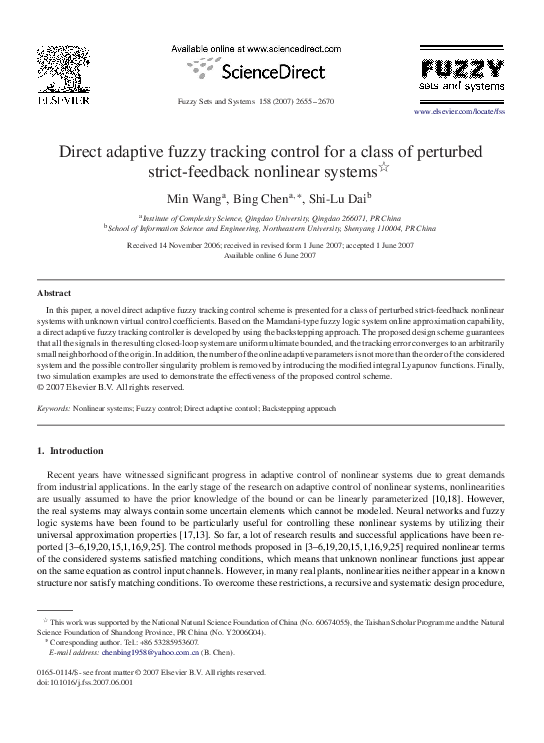 Pdf Direct Adaptive Fuzzy Tracking Control For A Class Of Perturbed Strict Feedback Nonlinear