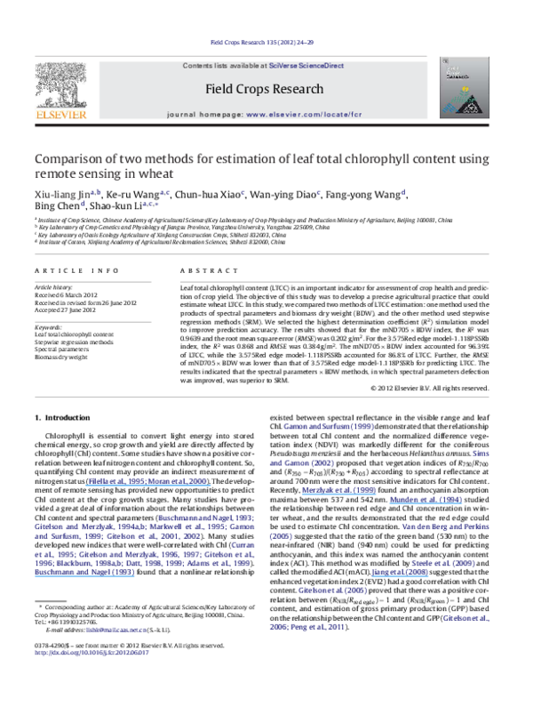 Pdf Comparison Of Two Methods For Estimation Of Leaf Total Chlorophyll Content Using Remote