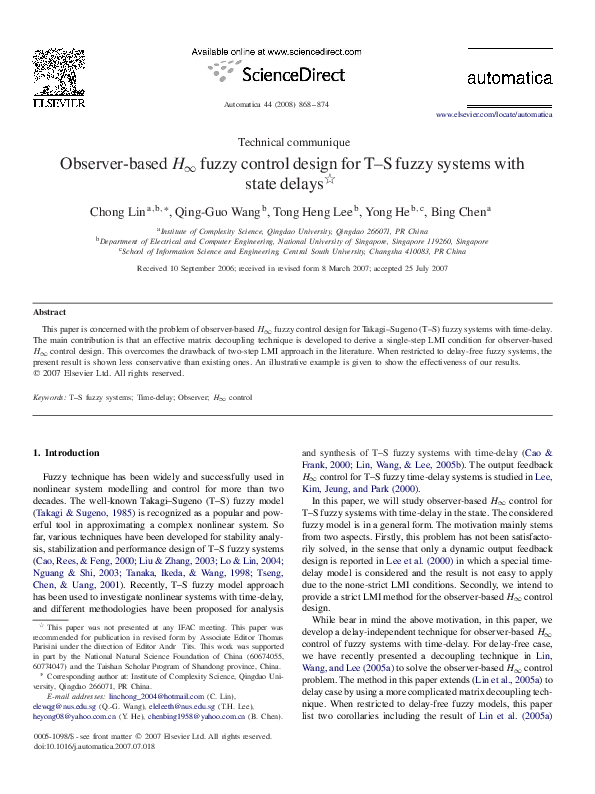 (PDF) Observer-based fuzzy control design for T–S fuzzy systems with state delays