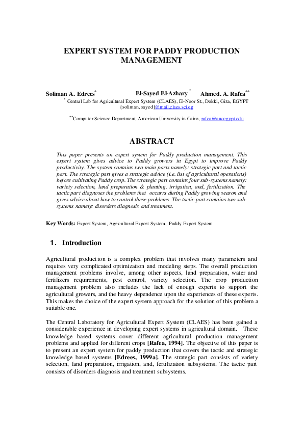 (PDF) Expert system for paddy production management