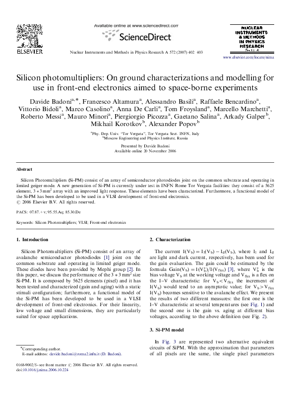 (PDF) Silicon photomultipliers: On ground characterizations and modelling for use in front-end ...