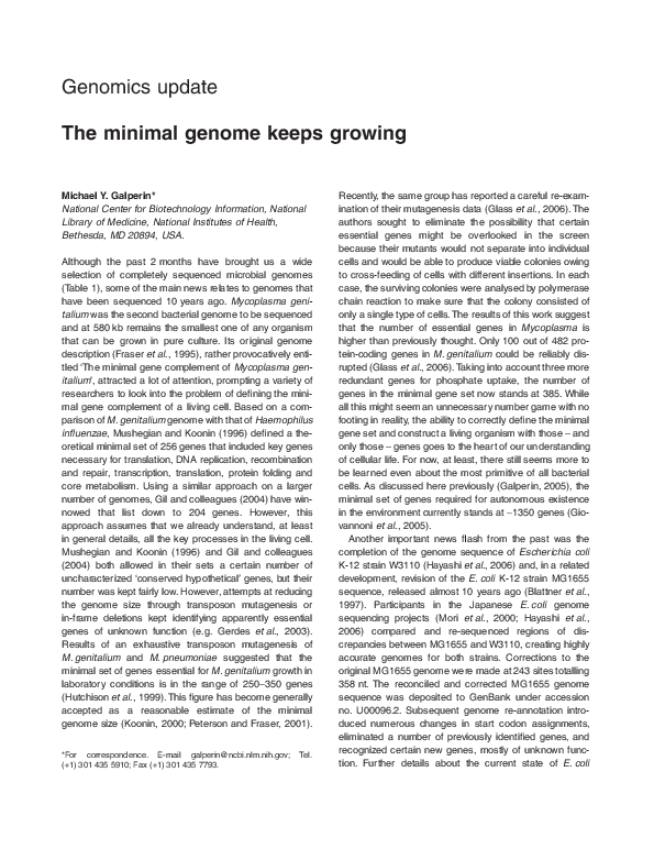 (PDF) The minimal genome keeps growing | Michael Y Galperin - Academia.edu