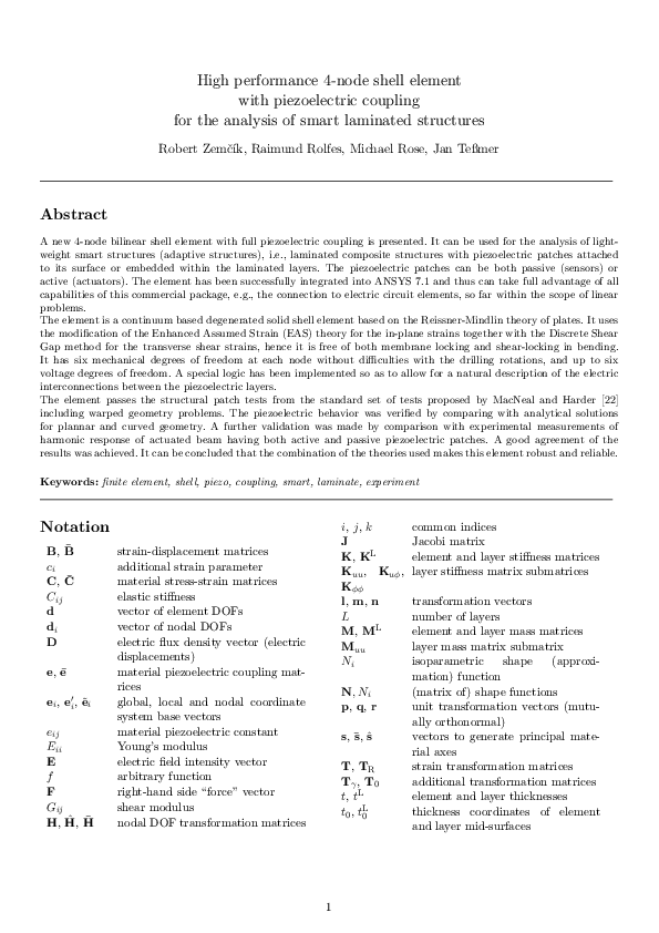 (PDF) High-performance four-node shell element with piezoelectric coupling for the analysis of ...