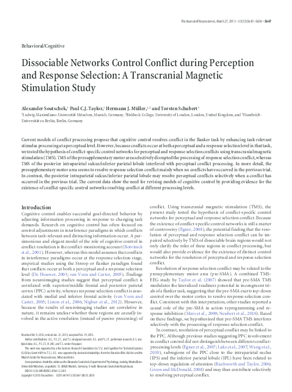 (PDF) Dissociable Networks Control Conflict during Perception and Response Selection: A ...