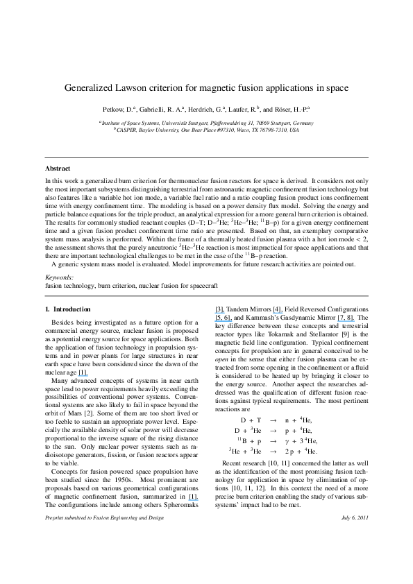 (PDF) Generalized Lawson criterion for magnetic fusion applications in ...