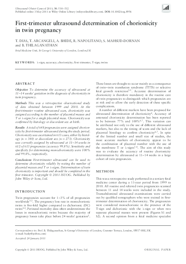 (PDF) First-trimester ultrasound determination of chorionicity in twin ...