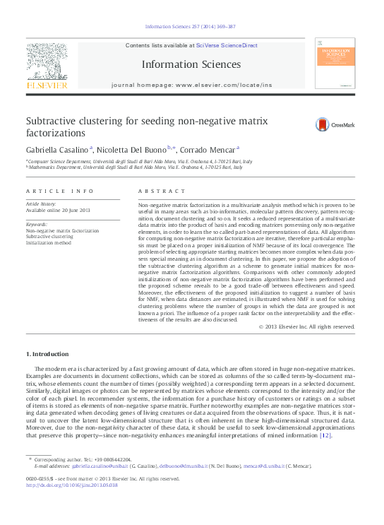 (PDF) Subtractive clustering for seeding non-negative matrix factorizations