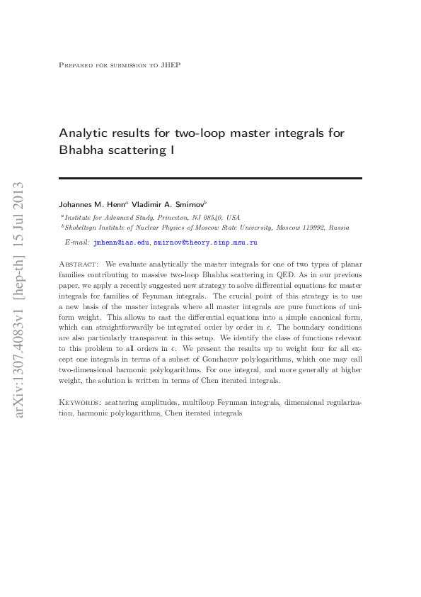 (PDF) Analytic results for two-loop master integrals for Bhabha scattering I