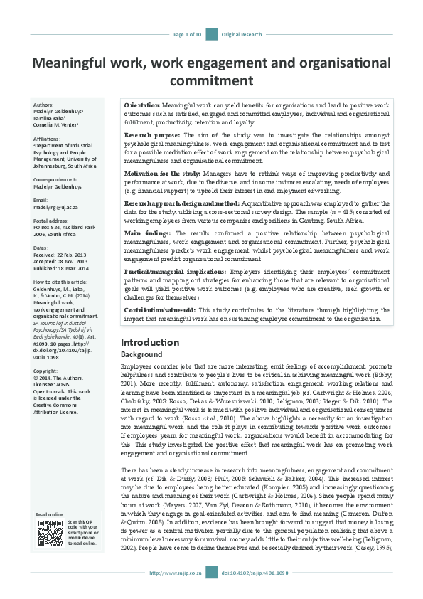 (PDF) Meaningful work, work engagement and organisational commitment