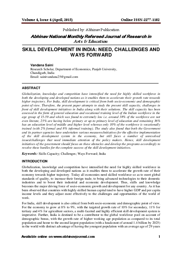 (PDF) SKILL DEVELOPMENT IN INDIA: NEED, CHALLENGES AND WAYS FORWARD