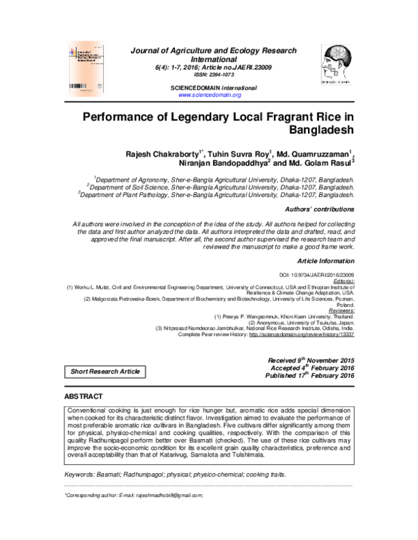 (PDF) Performance of Legendary Local Fragrant Rice in Bangladesh
