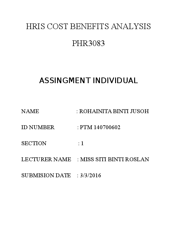 (DOC) HRIS COST BENEFITS ANALYSIS PHR3083 ASSINGMENT INDIVIDUAL