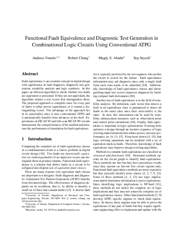 Pdf Functional Fault Equivalence And Diagnostic Test Generation In Combinational Logic