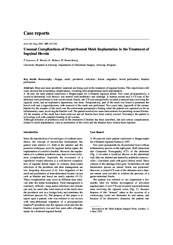 (PDF) Unusual complications of preperitoneal mesh implantation in the ...