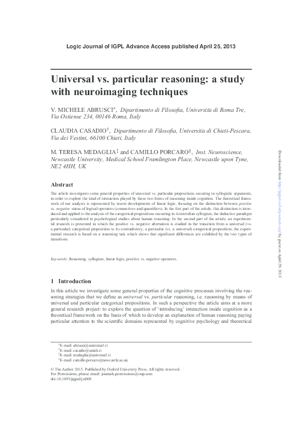 (PDF) Universal vs. particular reasoning: a study with neuroimaging ...