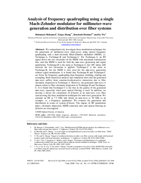 Pdf Analysis Of Frequency Quadrupling Using A Single Mach Zehnder
