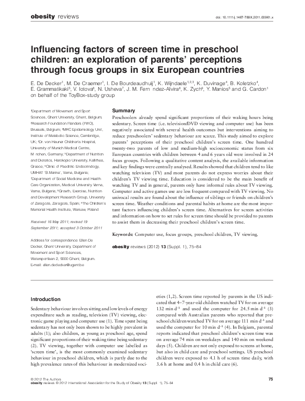 (PDF) Influencing factors of screen time in preschool children: an ...
