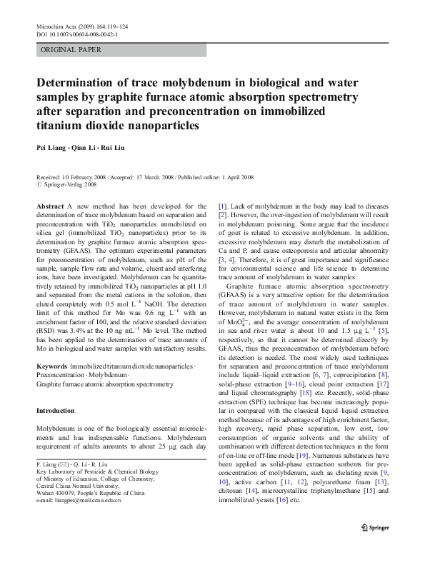 Pdf Determination Of Trace Molybdenum In Biological And Water Samples By Graphite Furnace