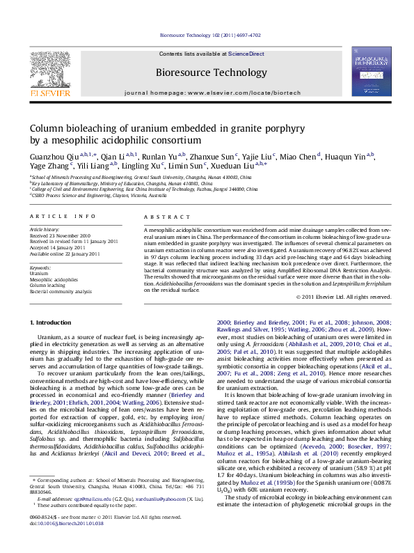 (PDF) Column bioleaching of uranium embedded in granite porphyry by a ...