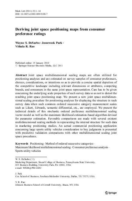 (PDF) Deriving joint space positioning maps from consumer preference ratings