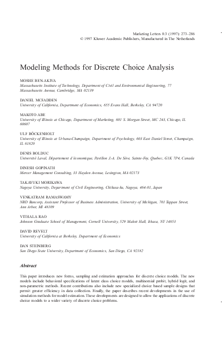 (PDF) Modeling methods for discrete choice analysis