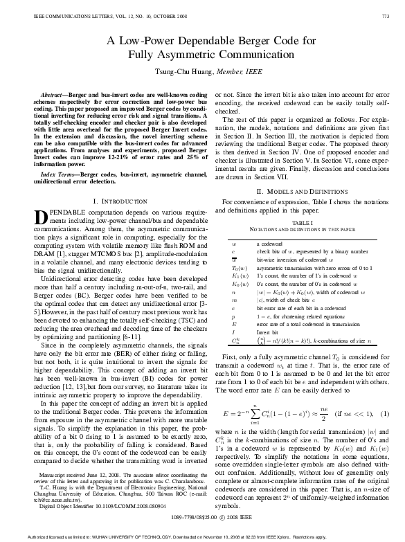 (PDF) Comments on "A Low-Power Dependable Berger Code for Fully Asymmetric Communication