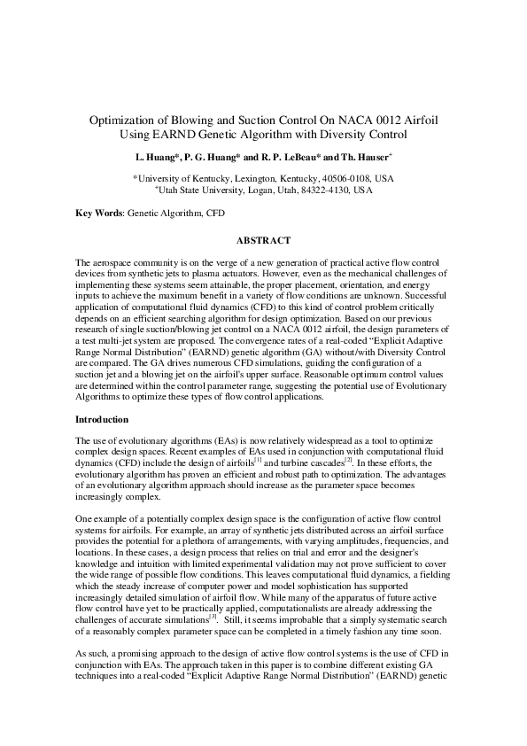 (PDF) Optimization of Blowing and Suction Control On NACA 0012 Airfoil Using EARND Genetic ...