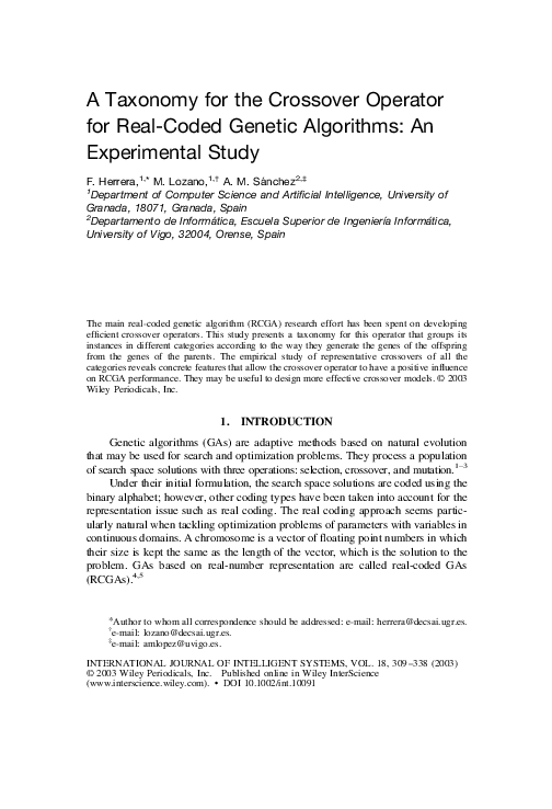 (PDF) A Taxonomy for the Crossover Operator for Real-Coded Genetic Algorithms: An Experimental Study
