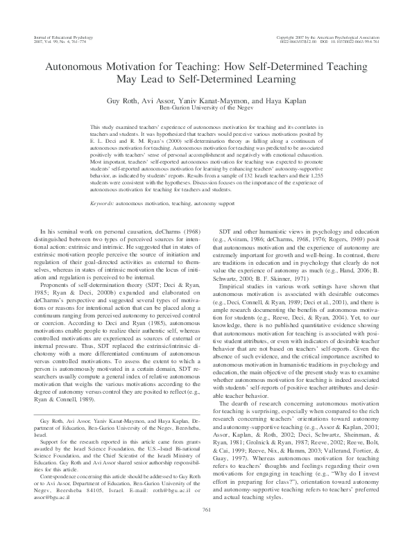 (PDF) Autonomous Motivation for Teaching: How Self-Determined Teaching ...