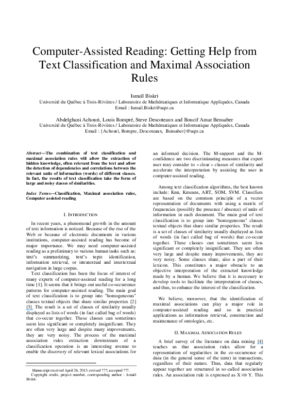 Pdf Computer Assisted Reading Getting Help From Text Classification And Maximal Association Rules